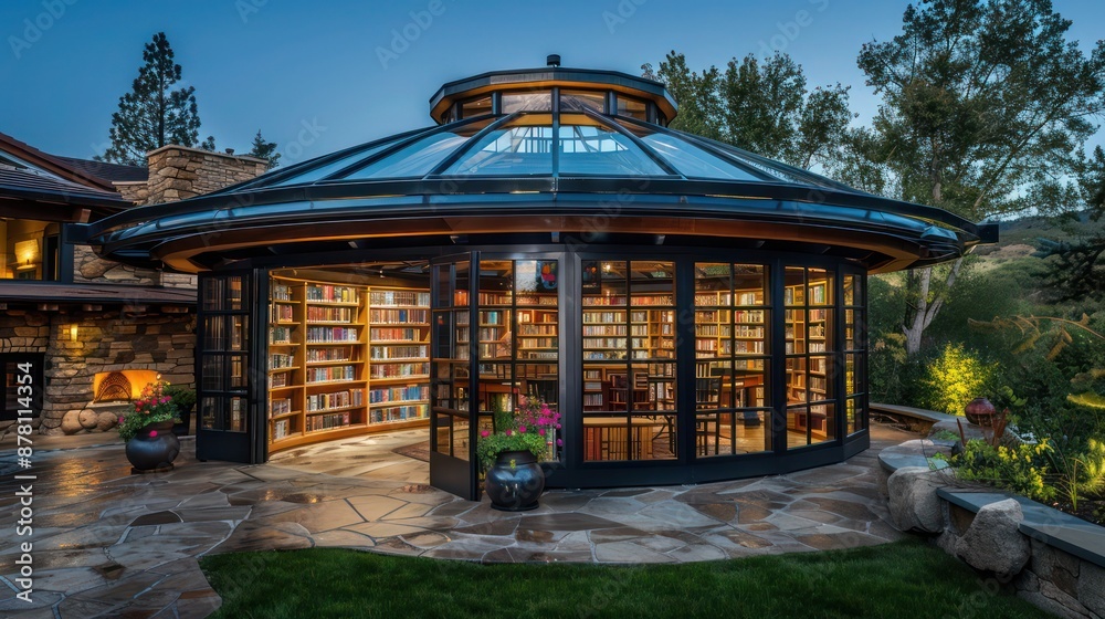 Elegant ranch with an outdoor library pavilion, featuring bookshelves ...