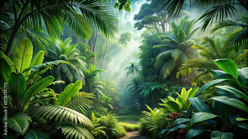 The Landscape of the jungle full of exotic plants and trees An overview ...
