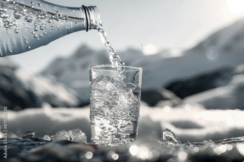 A clear liquid flowing from a bottle into a transparent container ...