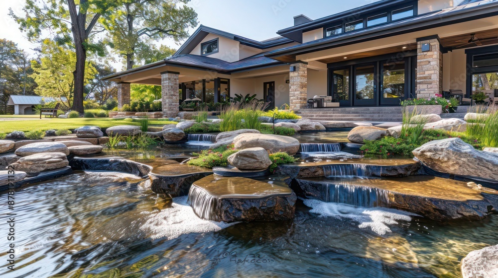 Elegant ranch with a front yard water feature that includes a series of ...