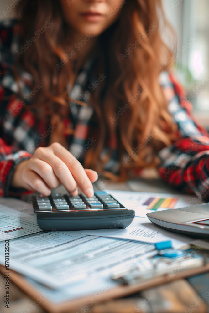 Person using a scientific calculator on a wooden desk, with the focus ...