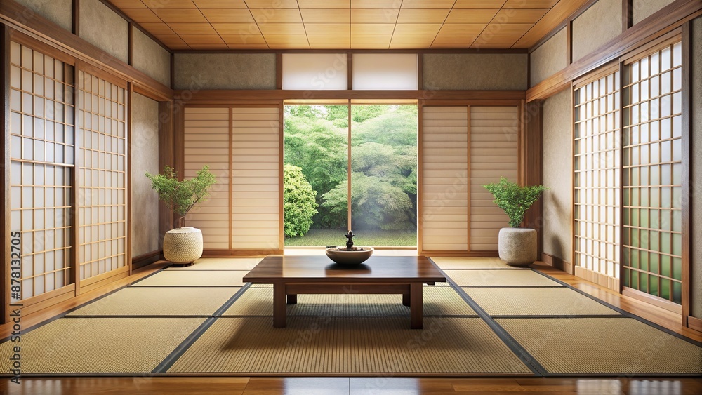 A minimalist Japanese tea room punctuated by tatami mats low tables and ...