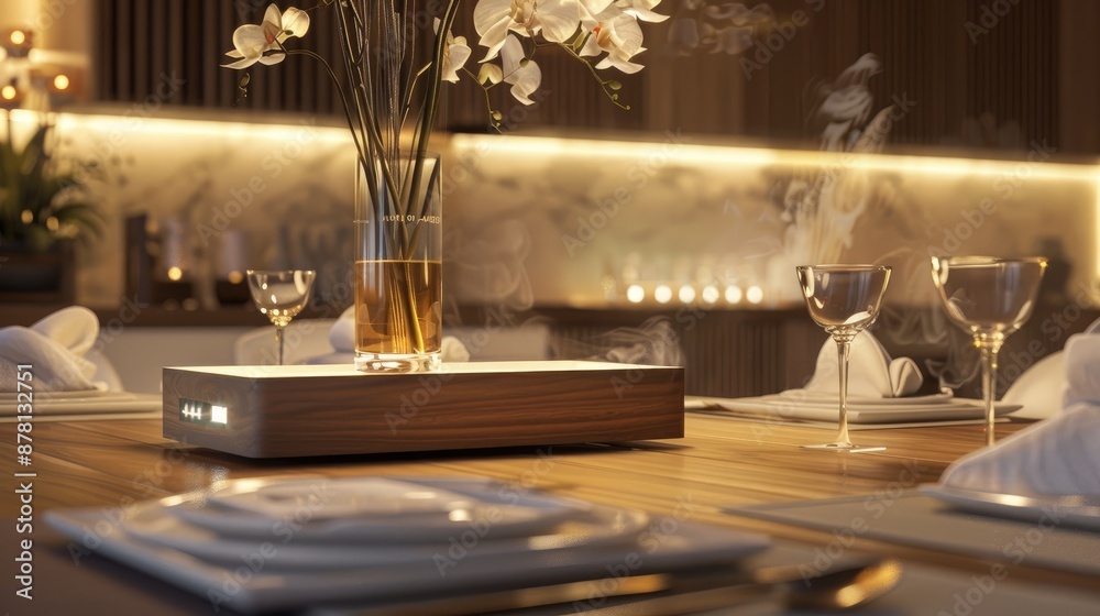 A dining room with a table that includes a built-in fragrance emitter ...