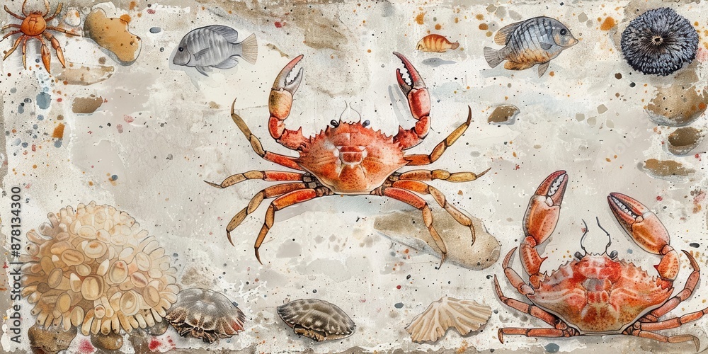 A closeup of a tide pool with small fish, crabs, and sea anemones ...