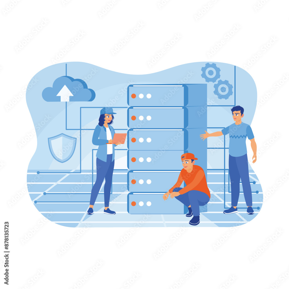 Technology engineers perform maintenance in a data center. Checking the ...