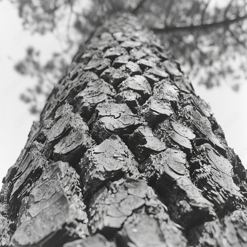 Tall pine tree with dark black bark peeling off, revealing a lighter ...