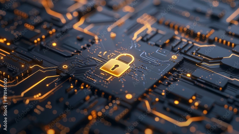 Cybersecurity: Digital Lock and Key - A golden lock icon on a circuit ...