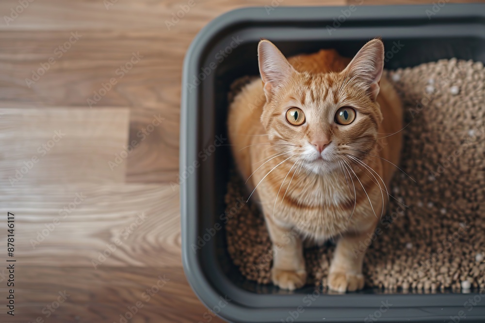 Adorable grey cat sitting near a litter box indoors. Pet care. Domestic ...