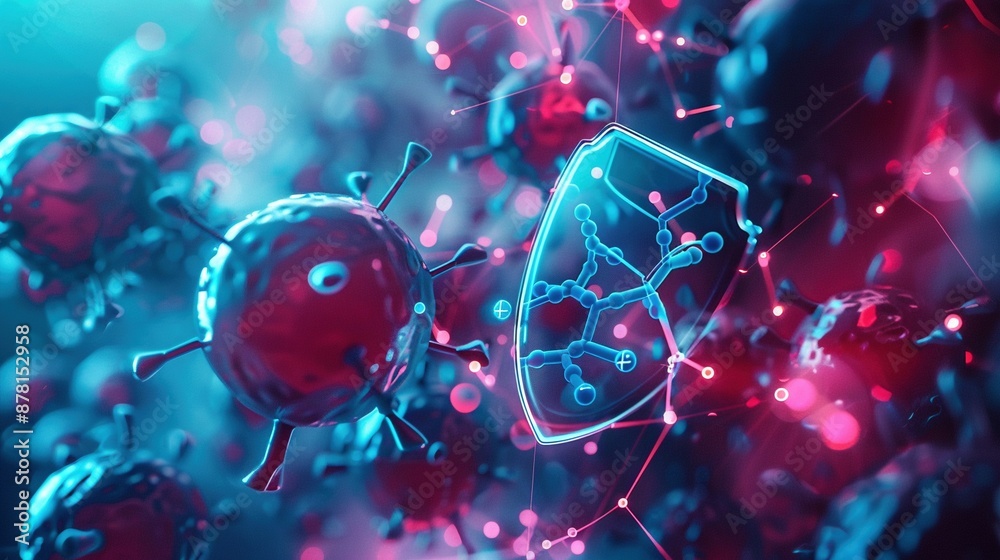 Viruses and protective shield with molecular structures 3d rendering ...