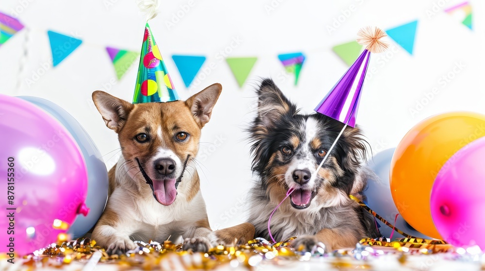 Two Dogs Celebrate Birthday with Balloons and Party Hats - Two dogs ...