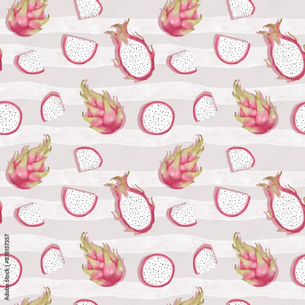 Seamless pattern with dragon fruits, pitaya background. Hand drawn ...