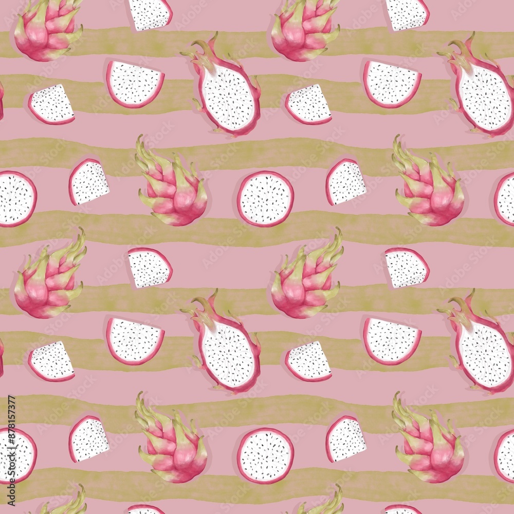Seamless pattern with dragon fruits, pitaya background. Hand drawn ...