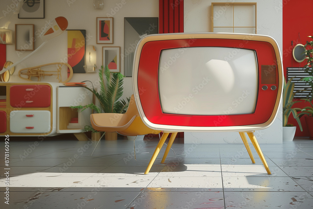 Retro red white television mockup blank empty screen midcentury modern ...