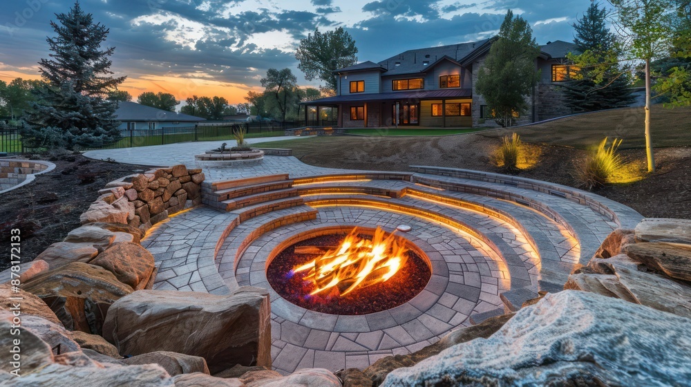 Suburban ranch with an elaborate fire pit area designed like a mini ...