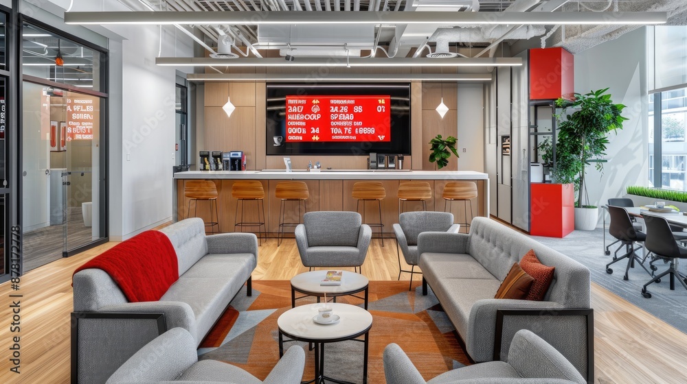 An office with a central hub featuring a digital news ticker, communal ...