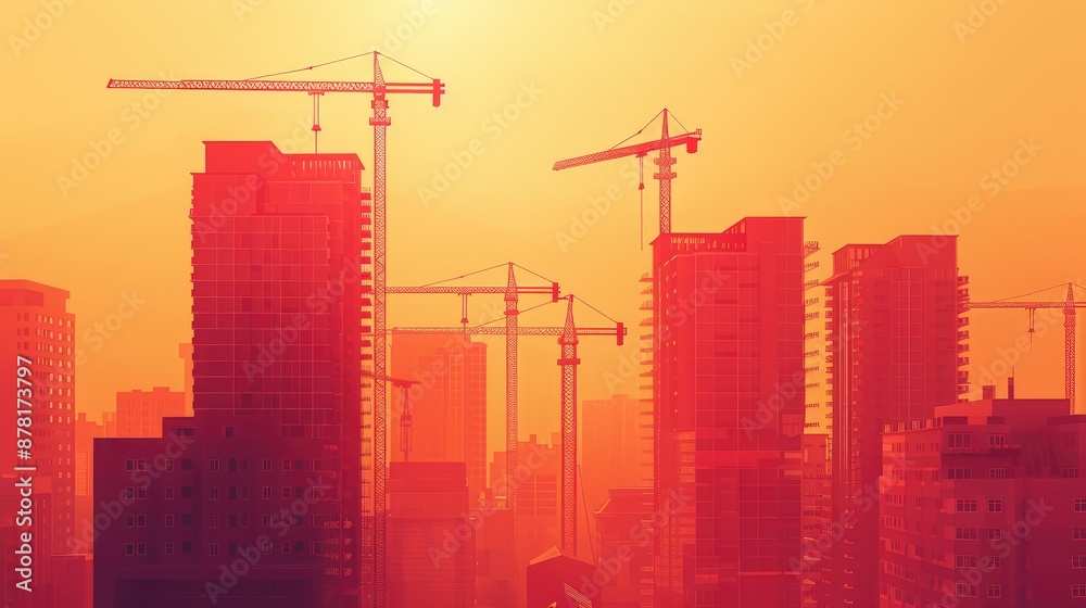 Urban development scene with tall buildings and cranes Stock ...