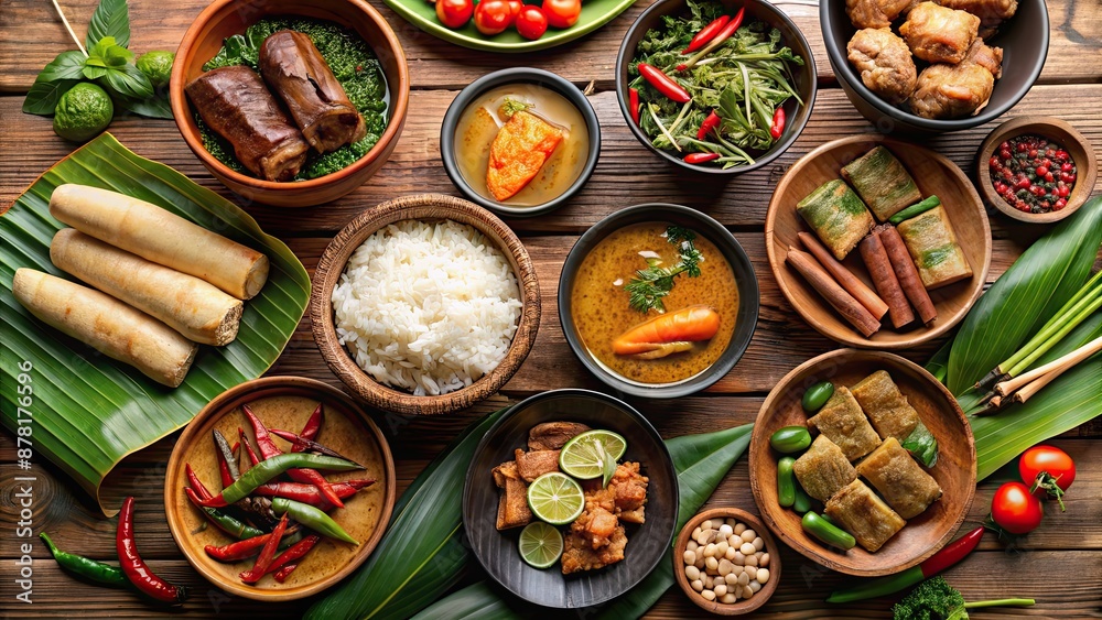 A selection of traditional Filipino cuisine including adobo, sinigang ...