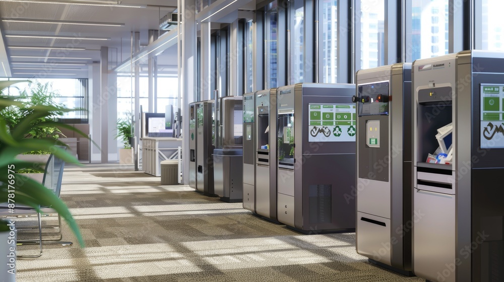 An office with a smart waste management system, featuring recycling ...