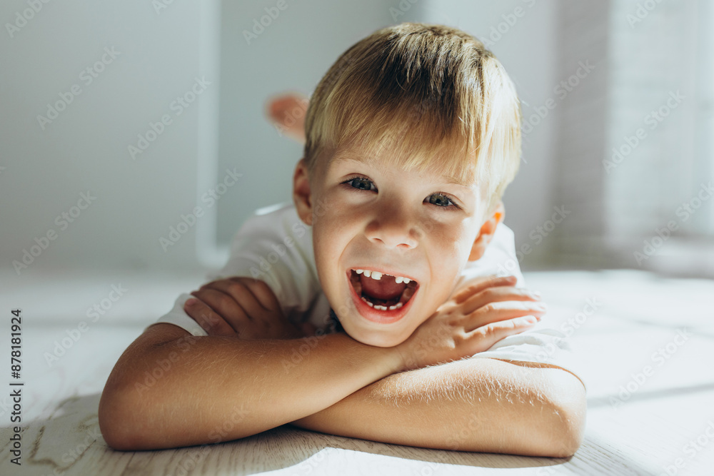 Beautiful child without a tooth. A little boy lost his first tooth ...
