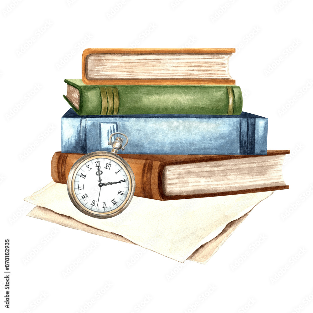 Book stack and pocket watch on parchment paper sheets. Hand drawn ...