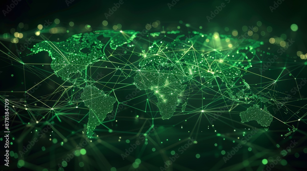 An imaginative illustration of a green map of the world with network ...