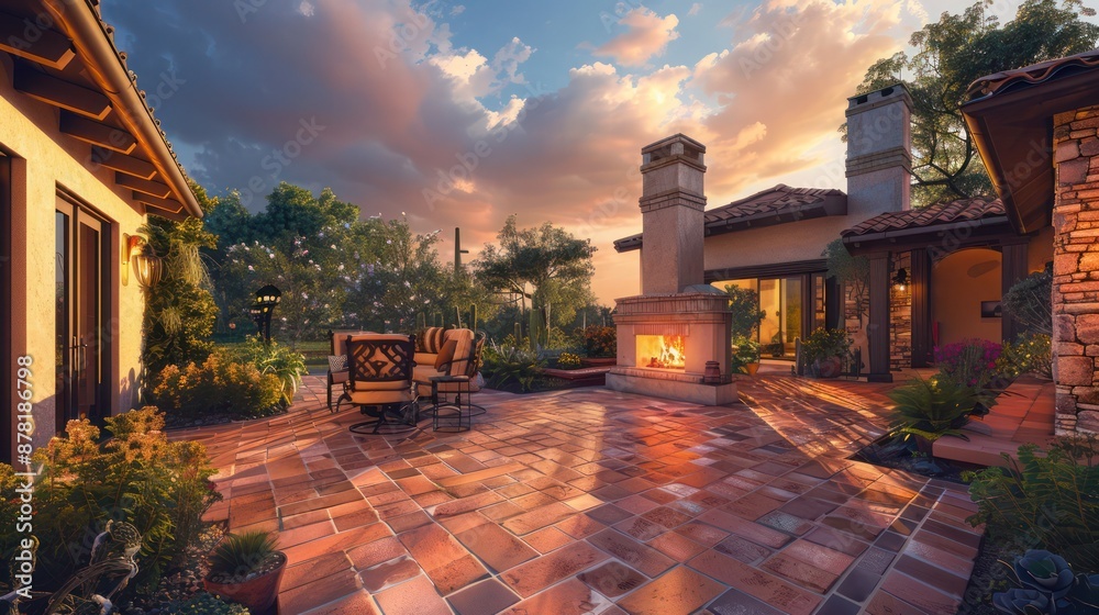 Suburban ranch with a terracotta-tiled patio and an outdoor fireplace ...