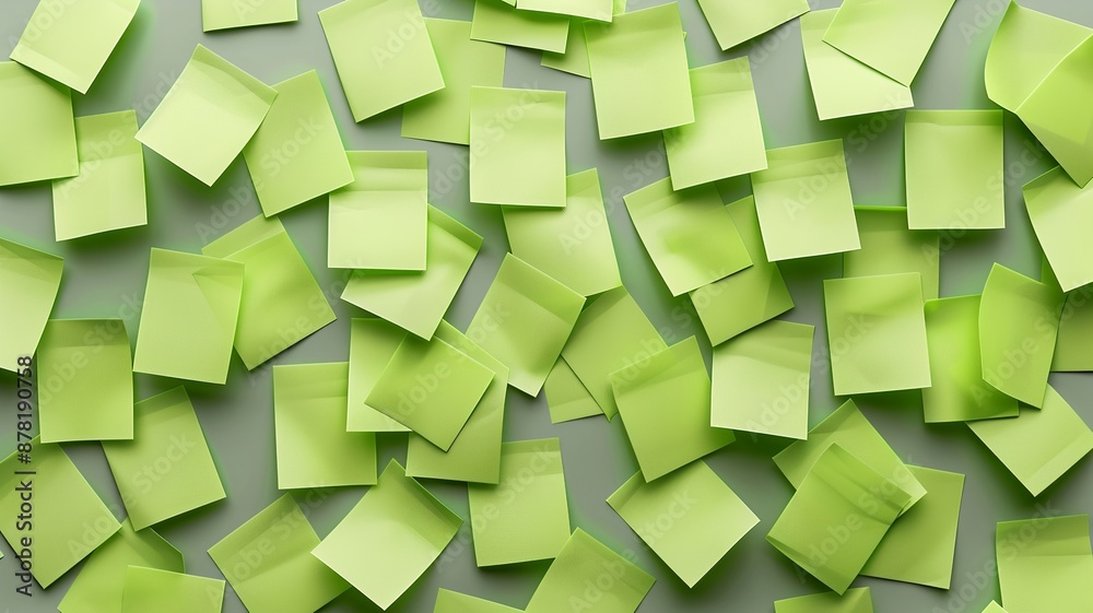 Explore a group of green sticky post-it notes arranged dynamically on a ...