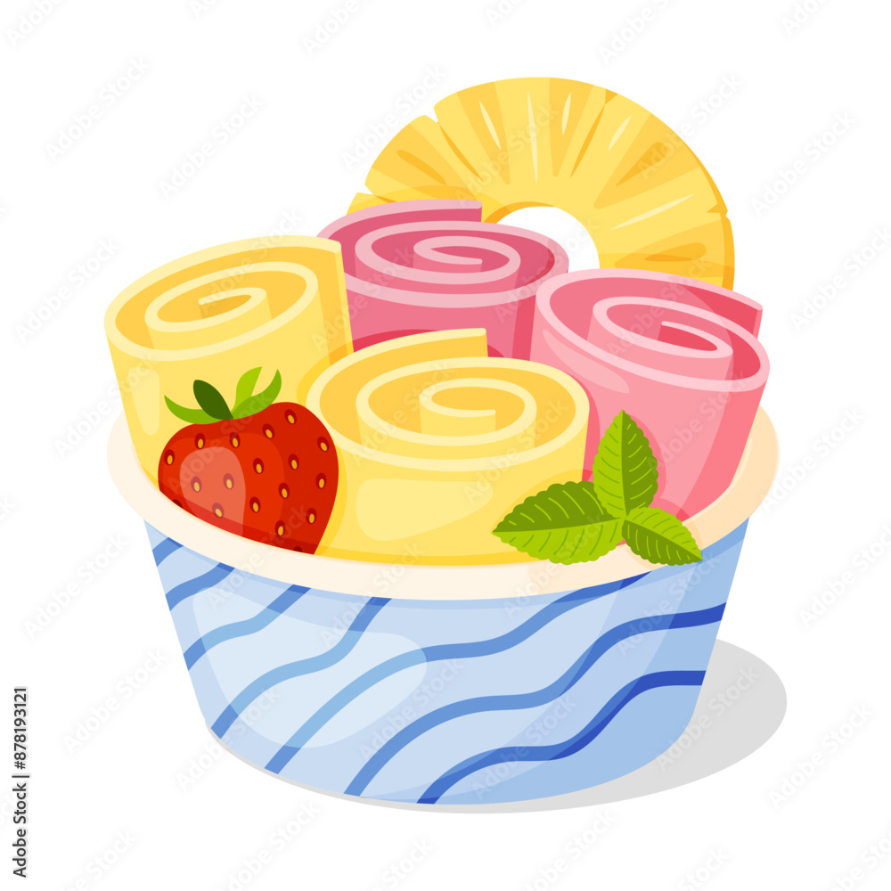 Vetor de Ice cream rolls in paper basket. Pink and yellow rolls ice ...