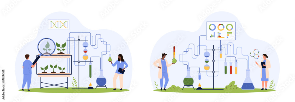 Science experiment in genetics and chemistry by scientists set. Tiny ...
