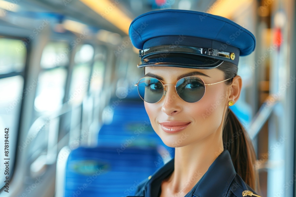 Young woman wearing a blue bus driver uniform and peaked cap, smiling ...