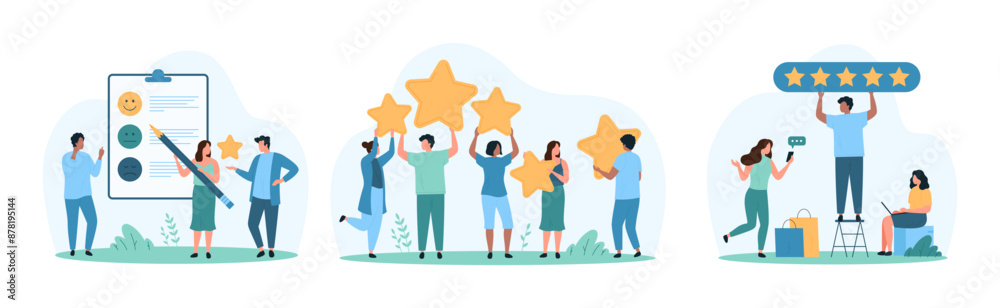 Customer feedback set. Tiny people hold five yellow stars to rate ...