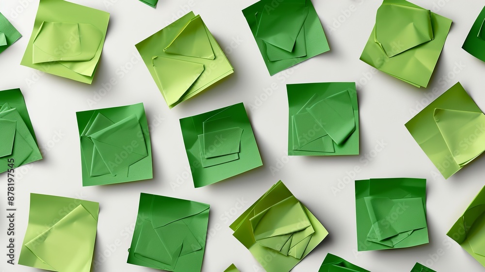 Explore a group of green sticky post-it notes arranged dynamically on a ...
