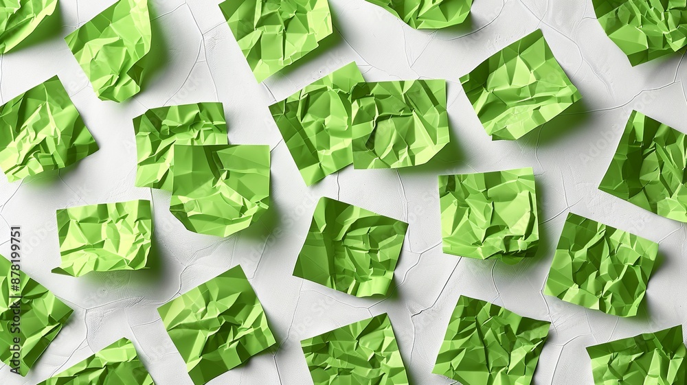 Explore a group of green sticky post-it notes arranged dynamically on a ...