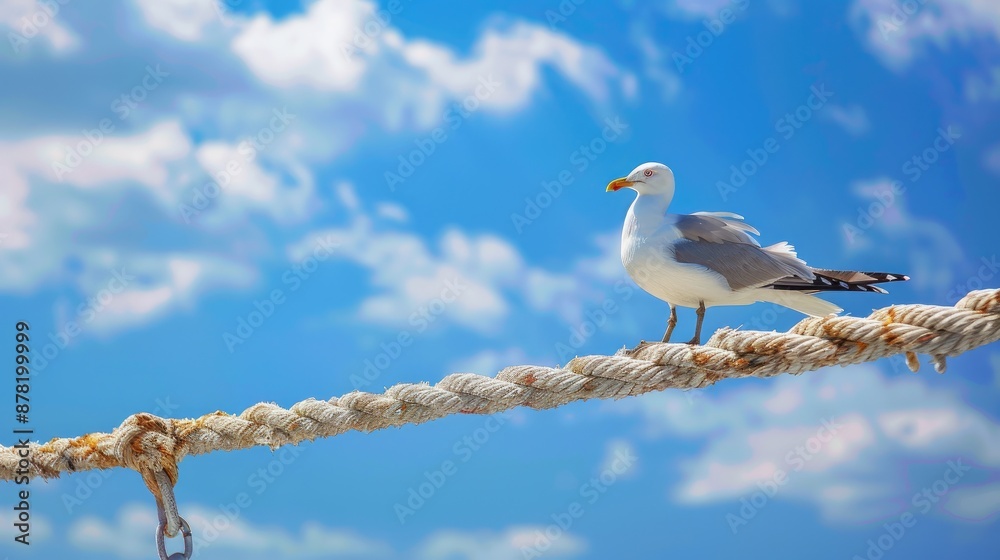 Seagull on mooring rope of white ship with blue sky German travel theme ...