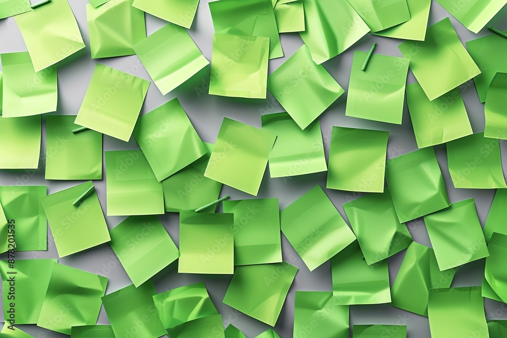 Explore a group of green sticky post-it notes arranged dynamically on a ...