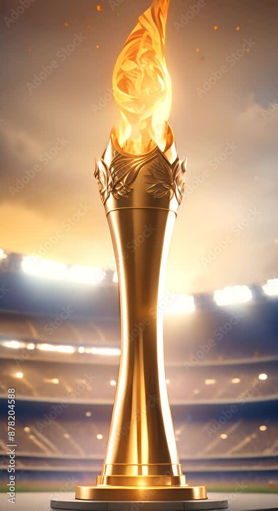 Olympic torch burning brightly against blurred stadium background ...