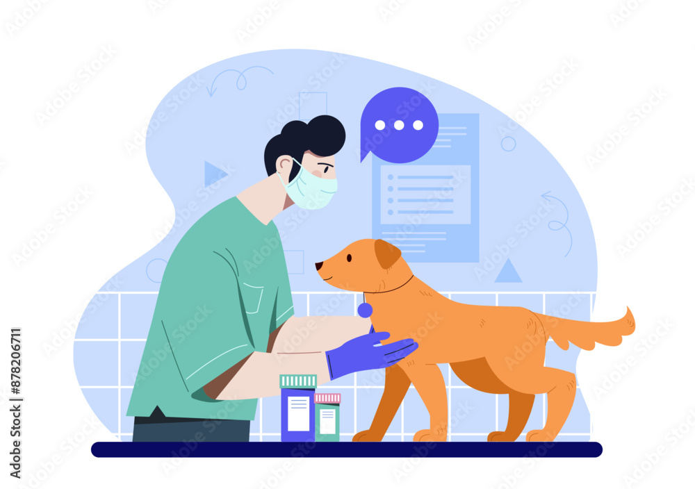 Veterinarian with dog. Man in uniform and mask diagnoses pet. Health ...