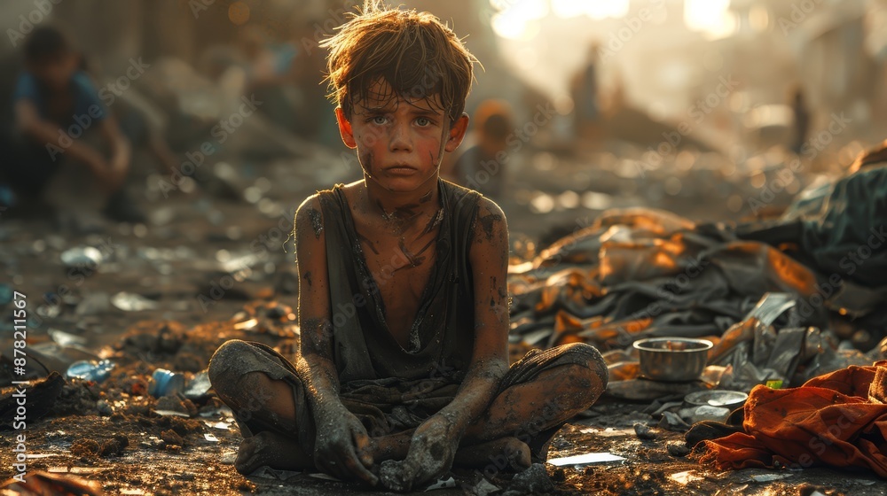 A young boy with a solemn expression sitting amidst a cluttered and ...