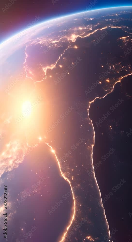 Sunrise over Earth from space with illuminated cities and stars High resolution digital artwork ...