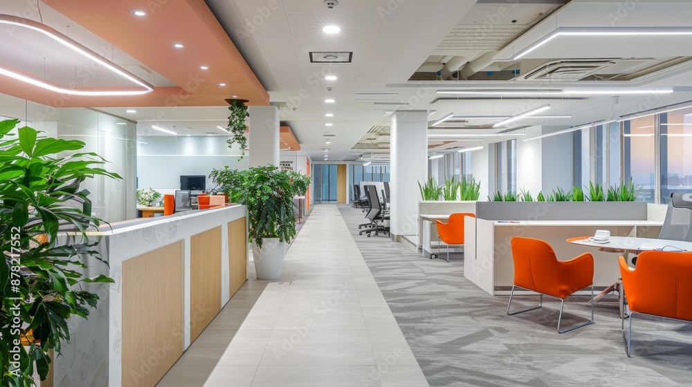 Modern open-plan office space with vibrant orange chairs, greenery, and ...