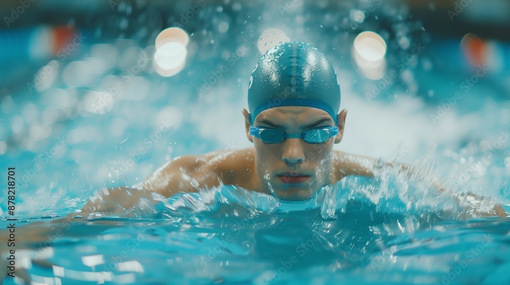 Sport man swimmer triathlon fitness athlete training swimming in wave ...