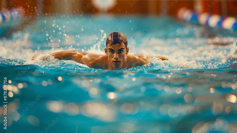 Sport man swimmer triathlon fitness athlete training swimming in wave ...