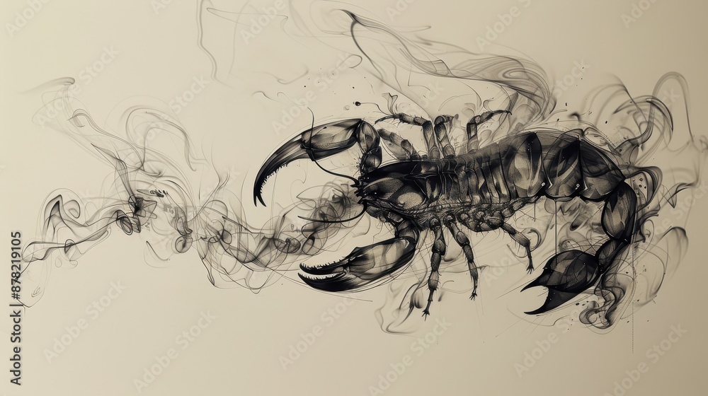 Monochromatic artwork featuring a stylized scorpion. The scorpion is ...