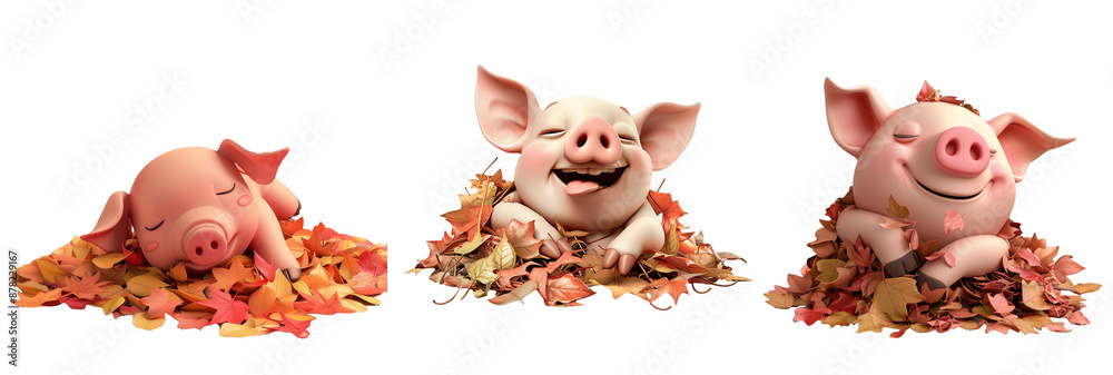 Cute Pig Cartoon Character in a Pile of Autumn Leaves - 3D Render, PNG ...