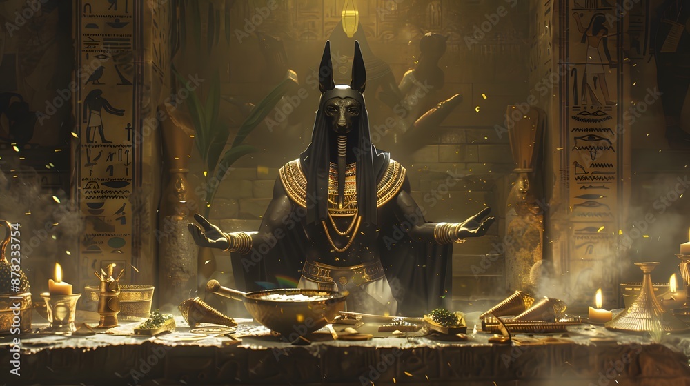 Ancient Egyptian God Anubis in a Mystical Temple with Hieroglyphs and ...