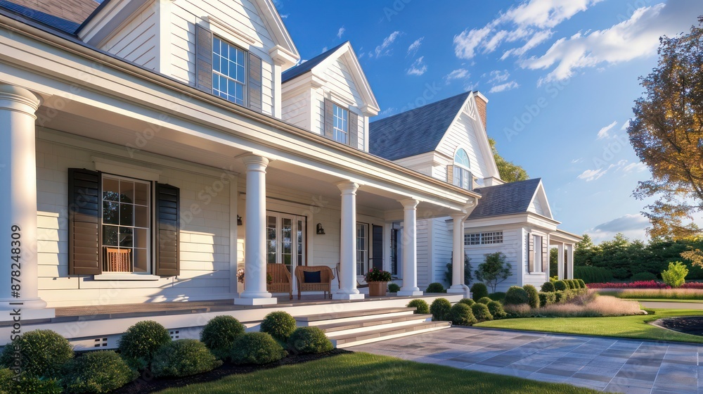 suburban farmhouse with a colonial design, featuring a large front ...