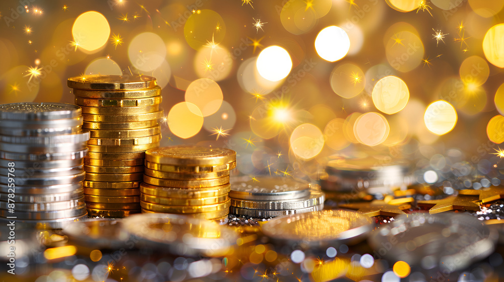 Pile of golden coins with gold bokeh background, Gold bar stack and ...