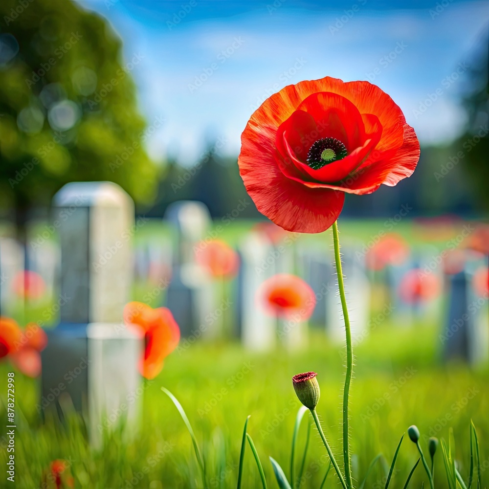 Poppy flower in a summer flower field on cemetery Memorial day ...