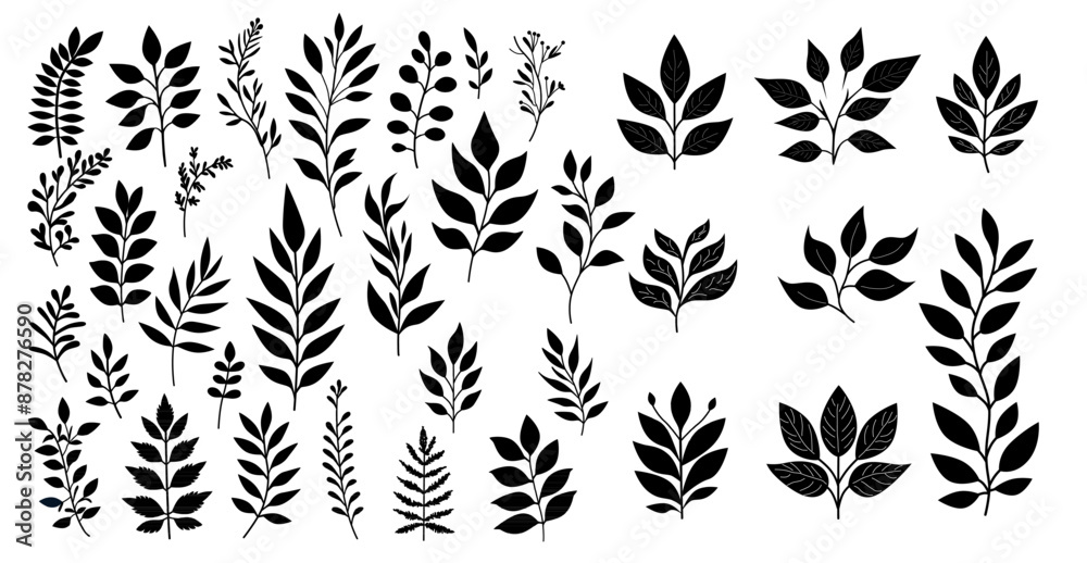set of silhouettes of leaves. collection of black and white leaf ...