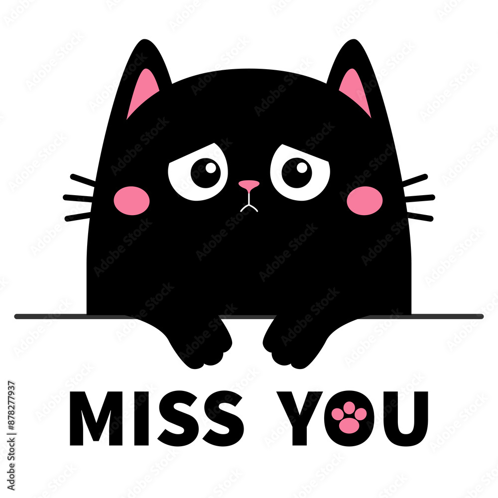Miss you. Cat kitty black silhouette holding empty paper. Peeking ...